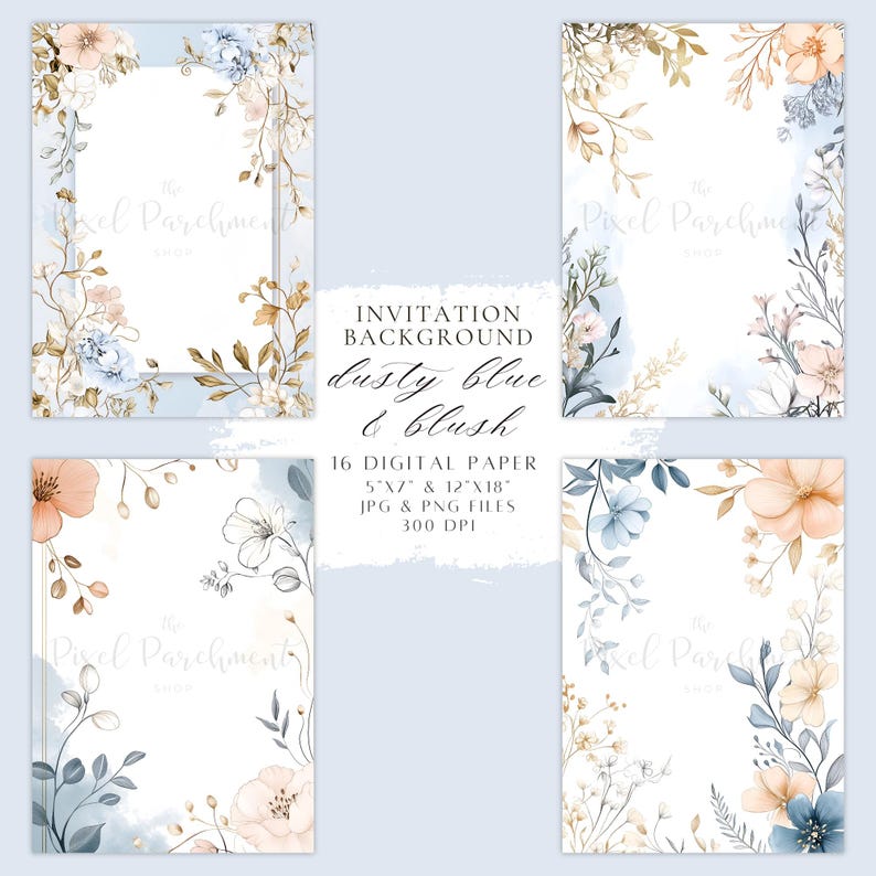Wedding Digital Paper Dusty Blue Wedding Invitation Background Floral ...