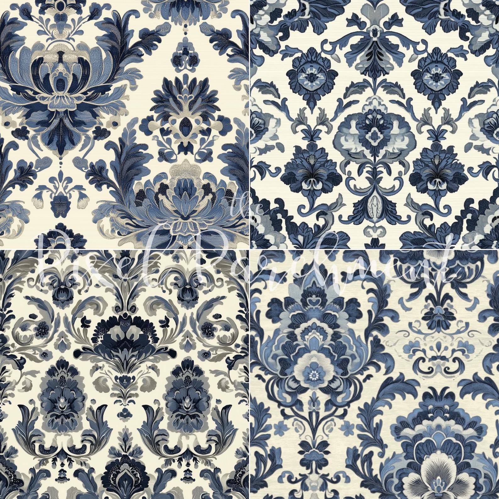 Dark Dusty Blue Satin Damask Seamless Pattern Set 1 Elegant Jacquard ...
