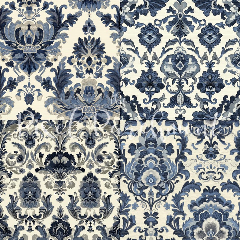 Dark Dusty Blue Satin Damask Seamless Pattern Set 1 Elegant Jacquard ...