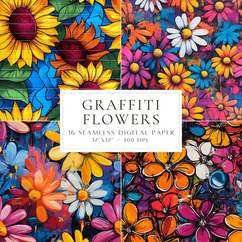 Graffiti Flowers Seamless Digital Paper Bold Floral Street Art Design ...