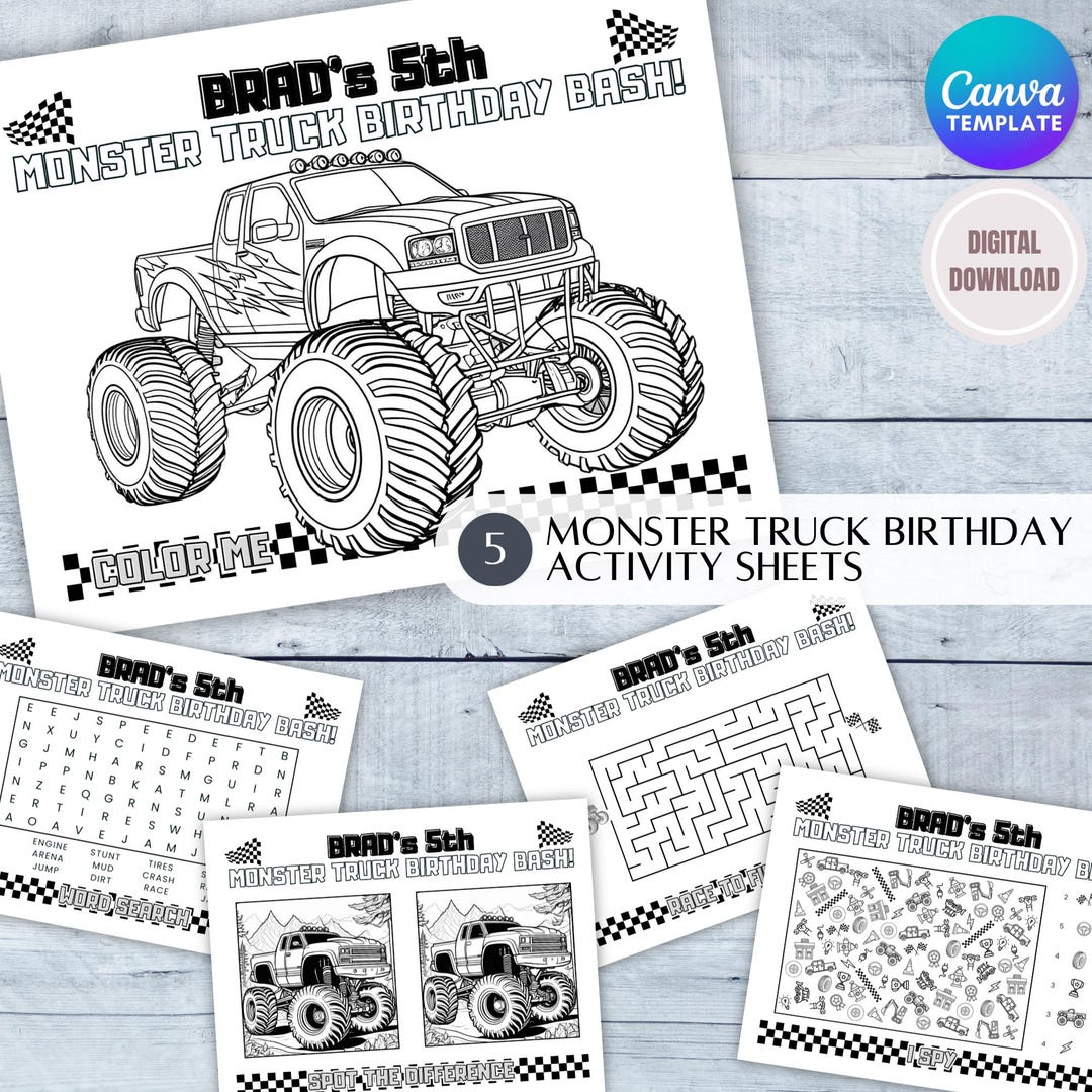 Birthday Kids Coloring Pages Monster Truck Birthday Printable Placemat ...