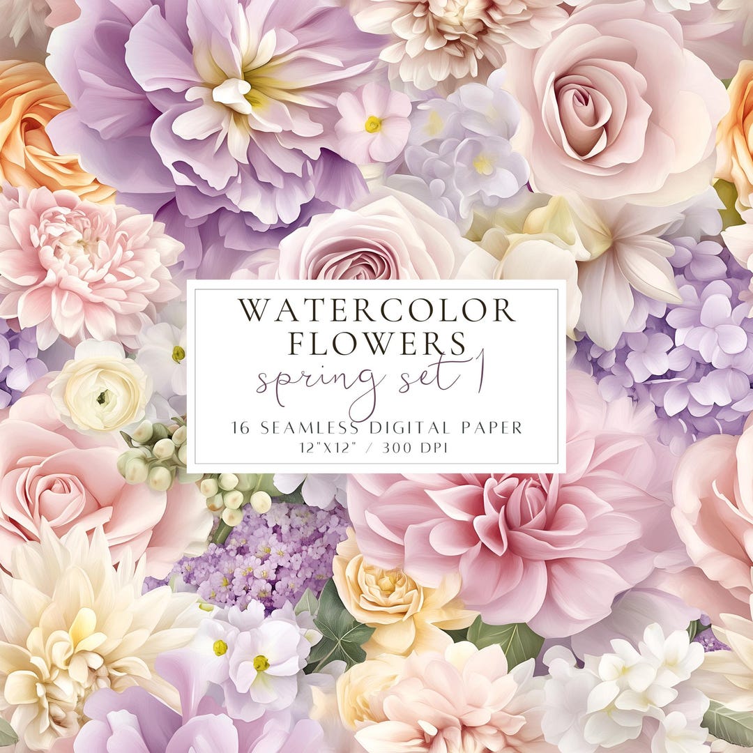 Spring Color Watercolor Flowers Seamless Digital Paper Pink and Purple ...