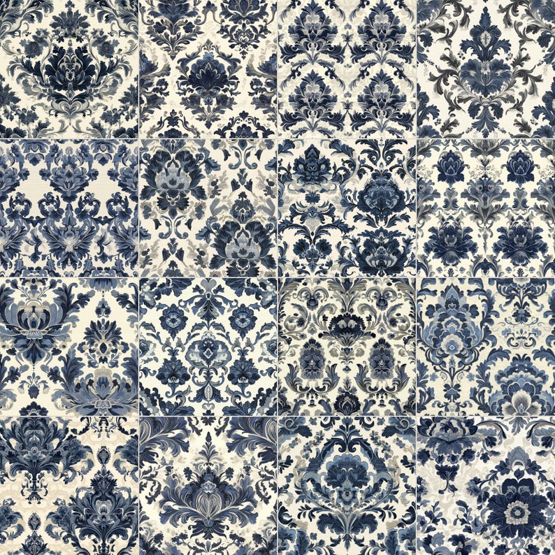Dark Dusty Blue Satin Damask Seamless Pattern Set 1 Elegant Jacquard ...