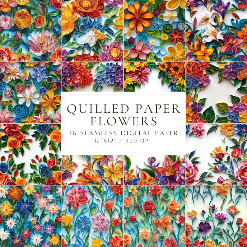 Quilled Paper Flower Seamless Digital Paper Colorful Floral Printable ...
