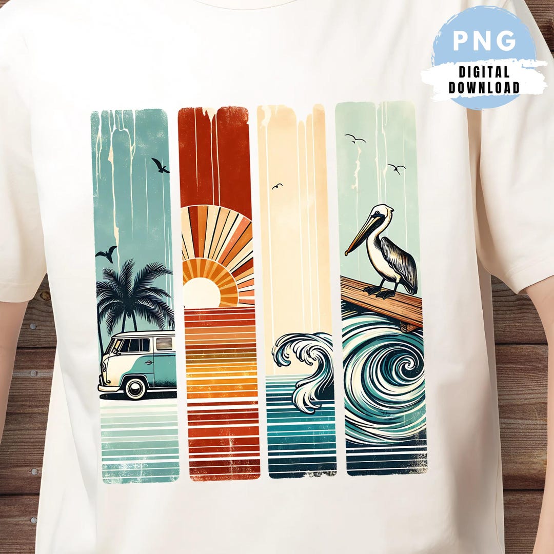 Retro Beach Clipart: Surf Van, Sunburst, Pelican (PNG Digital Download ...