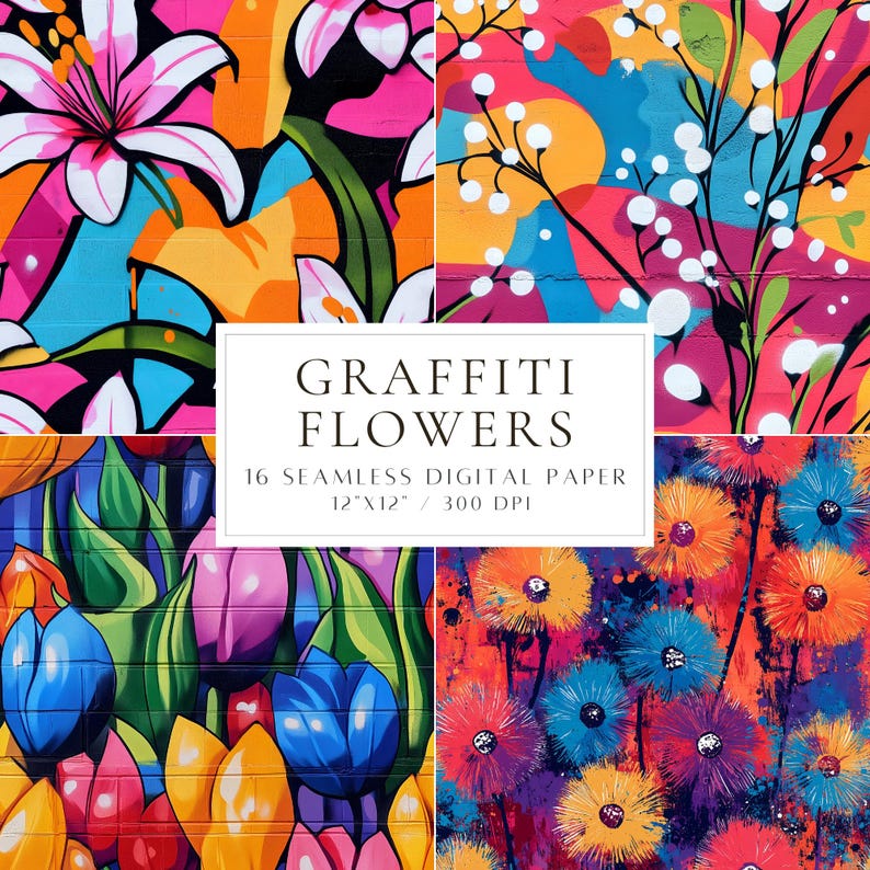 Graffiti Flowers Seamless Digital Paper Bold Floral Street Art Design ...