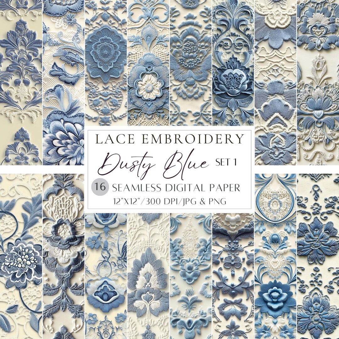 Dusty Blue Lace Embroidery Digital Paper Set Vintage Lace Seamless ...