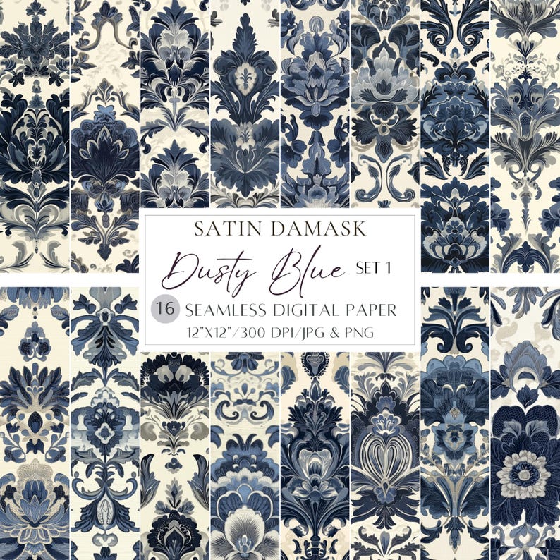Dark Dusty Blue Satin Damask Seamless Pattern Set 1 Elegant Jacquard ...