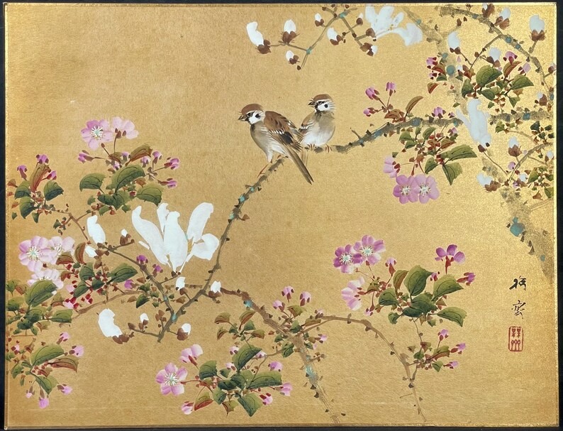Japan Vintage Suzume Bird and Spring Flowers Painting 1950 Kano Baisai ...