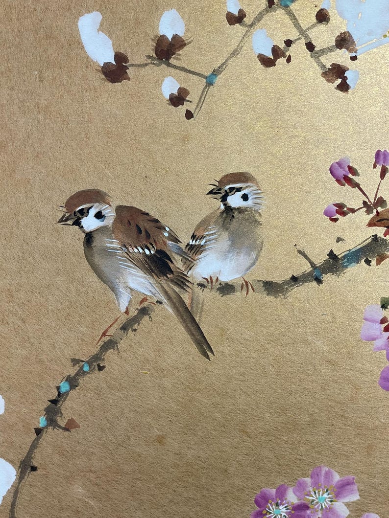 Japan Vintage Suzume Bird and Spring Flowers Painting 1950 Kano Baisai ...