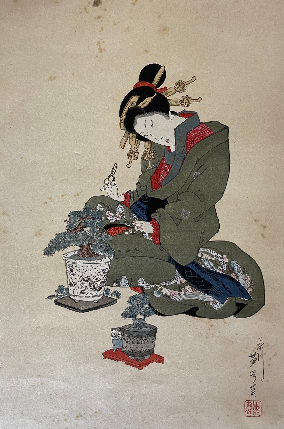 Antique Japanese Ukiyoe Bijinga Woodblock Print 1920 Bonsai - Etsy