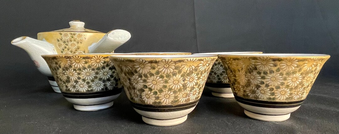 Japan Vintage Kutani Yunomi and Kyusu 1950 Ceramic Tea Cup and Pot Set ...