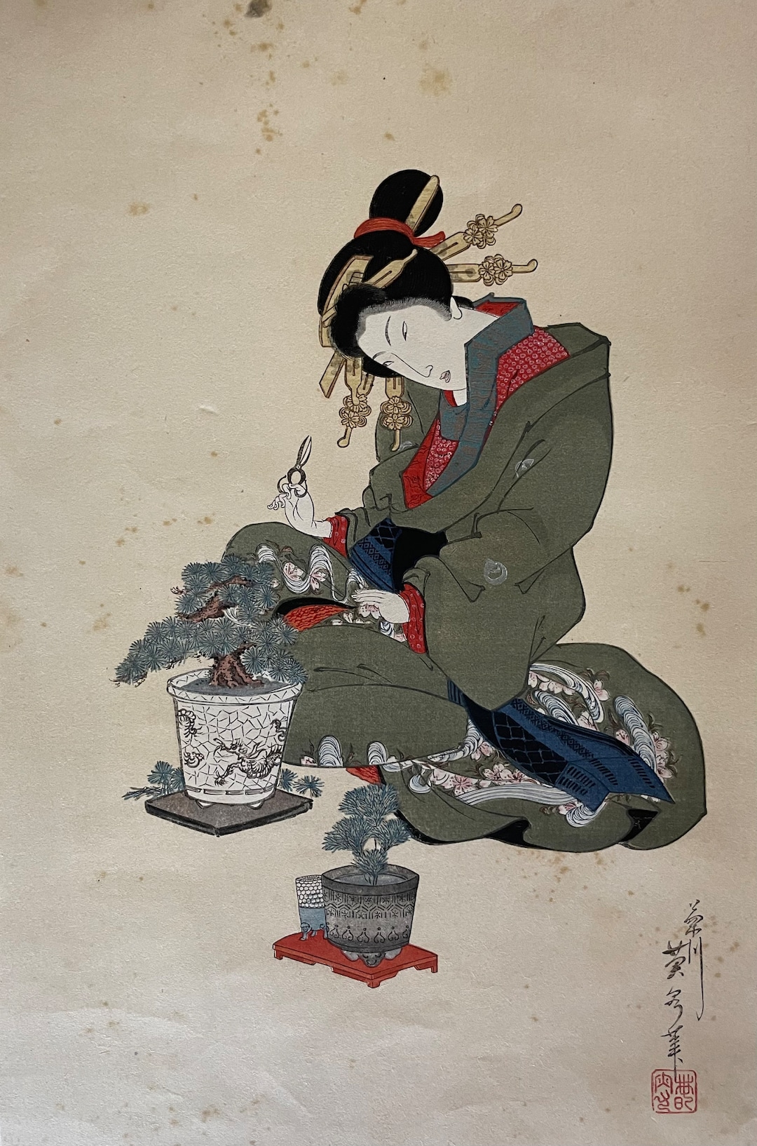 Antique Japanese Ukiyoe Bijinga Woodblock Print 1920 Bonsai - Etsy