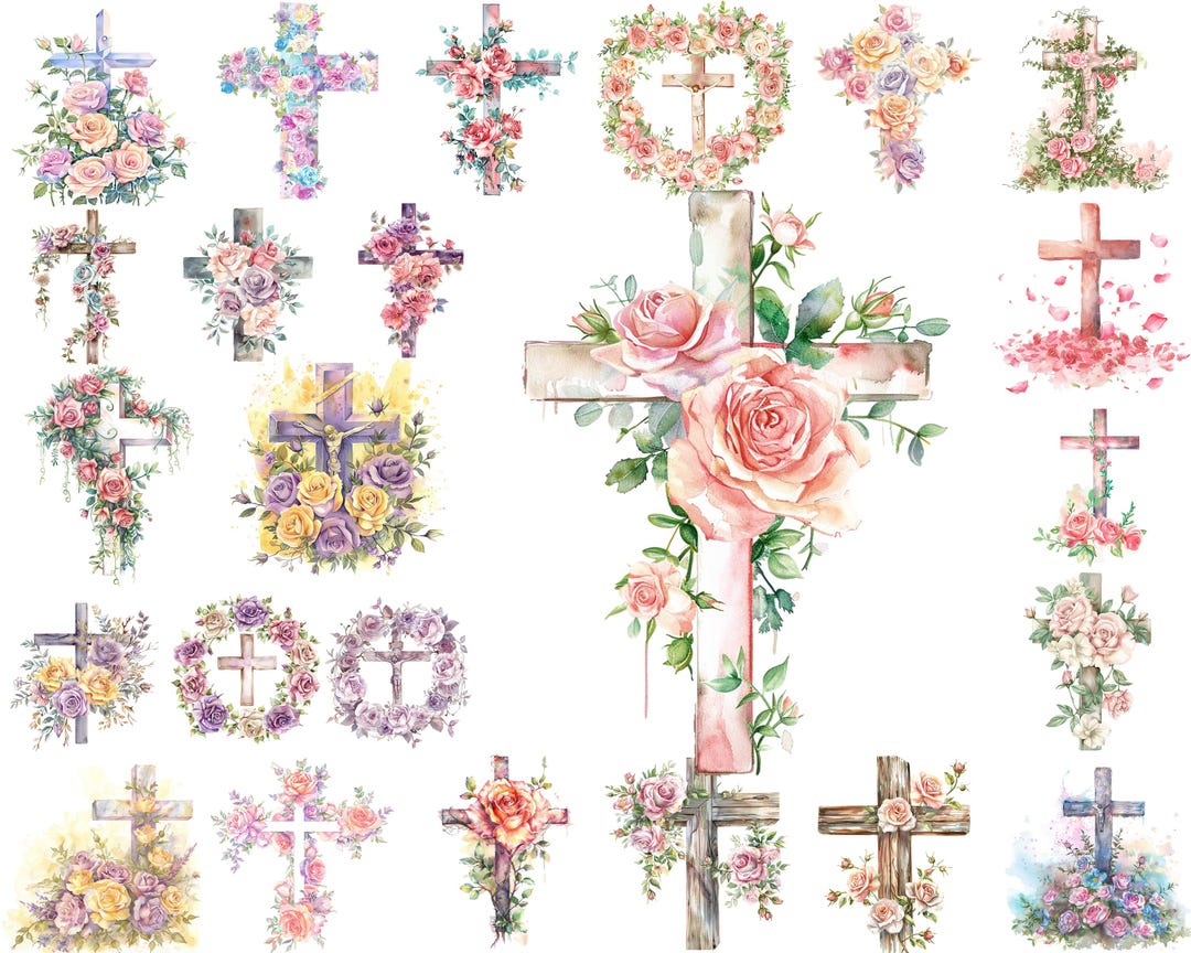 Watercolor Pastel Rose Cross PNG Clipart Bundle, Floral Crucifix ...