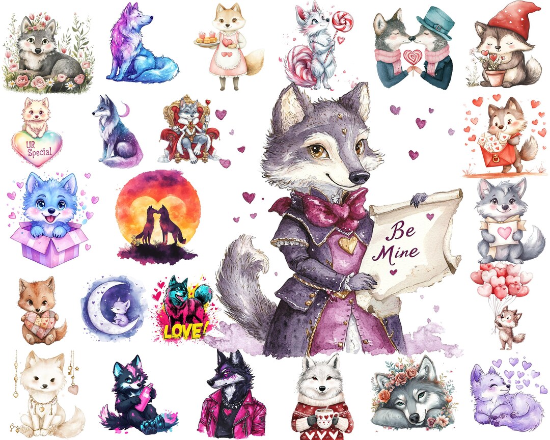 Valentine Wolf PNG Clipart Bundle, Watercolor Romantic Heart Warming ...
