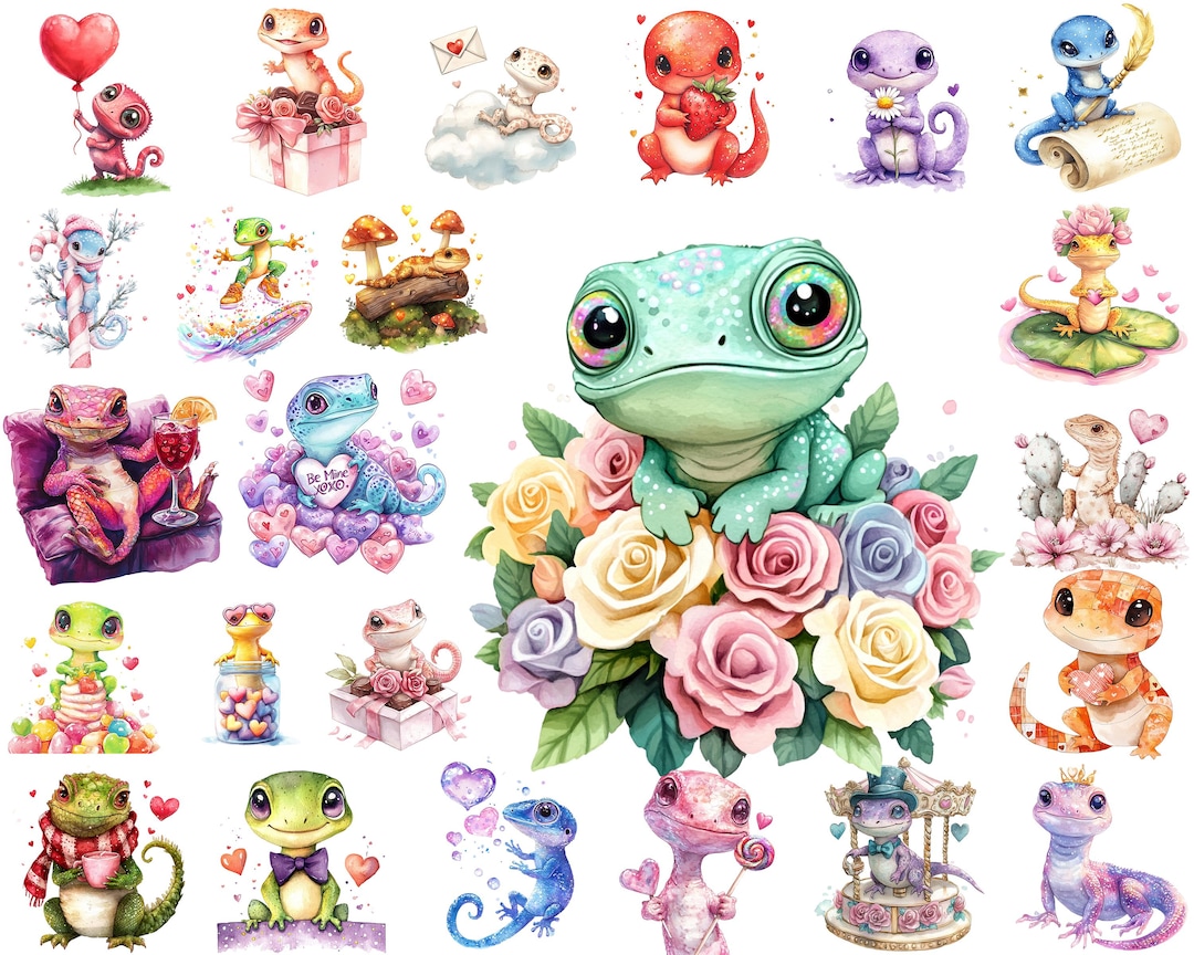 Watercolor Valentine Gecko, Romantic Heart Geckos, Love Reptile Clip ...