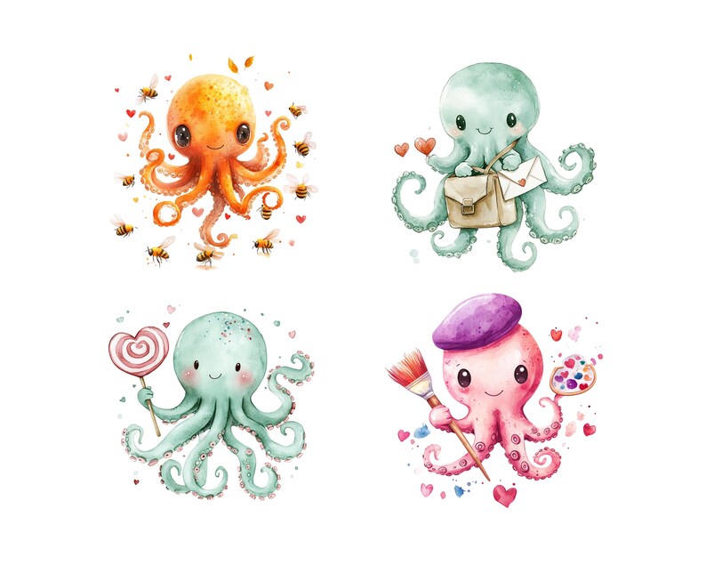 Watercolor Valentine Octopus Clipart, PNG (instant Download) - Etsy