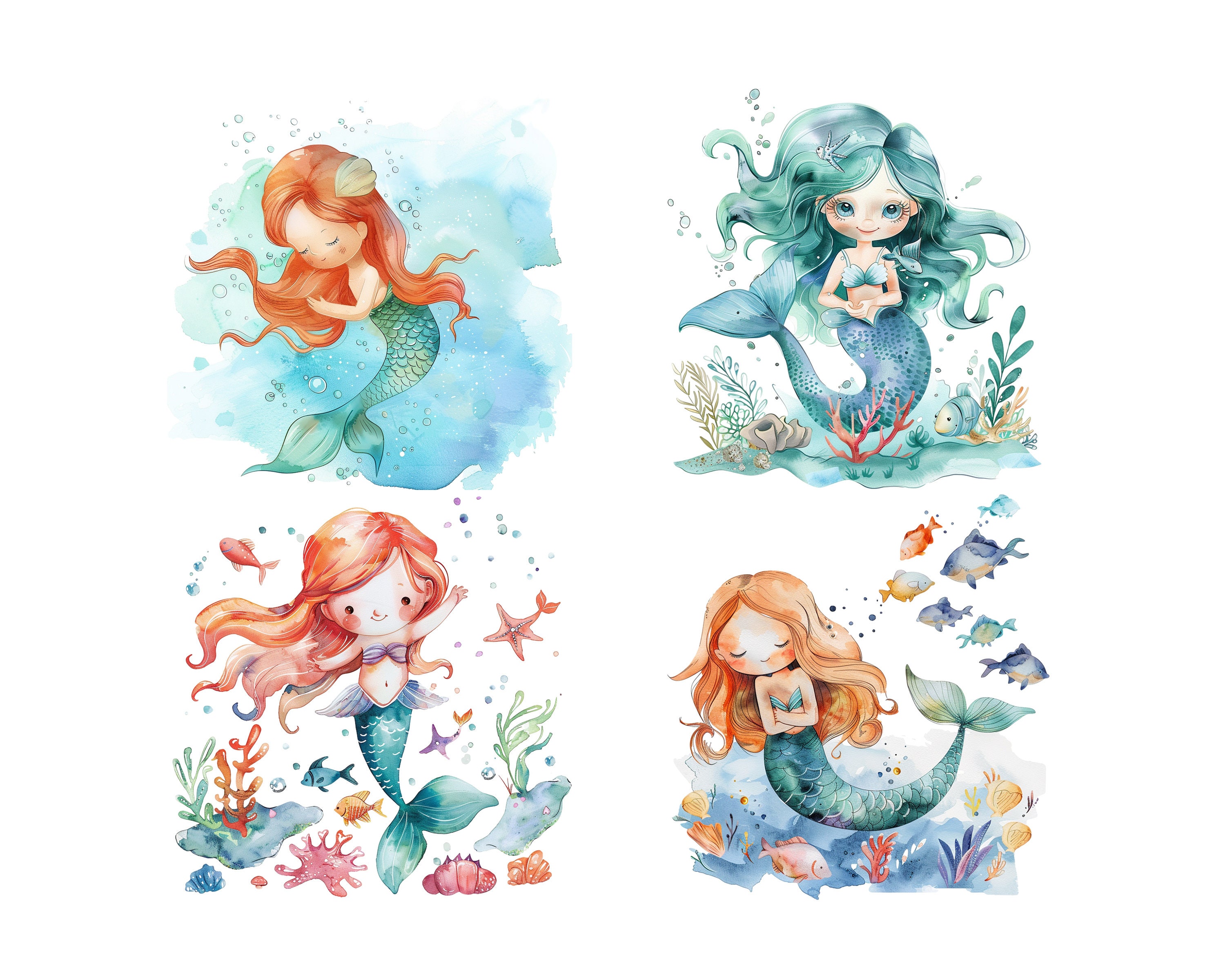 Watercolor Cute Mermaid PNG Clipart Bundle, Kids Nursery Undersea Ocean ...