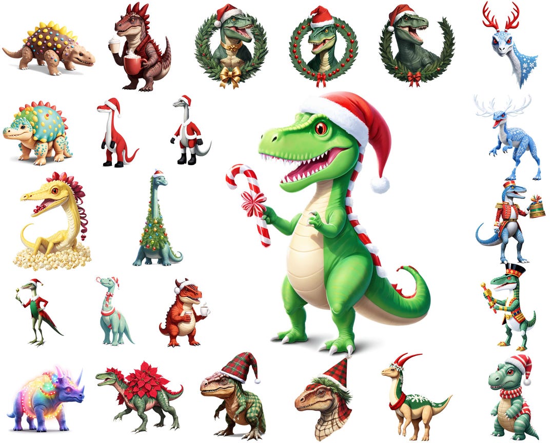 Christmas Dinosaur PNG Clipart Bundle, Cute Santa Dinosaur Holiday ...
