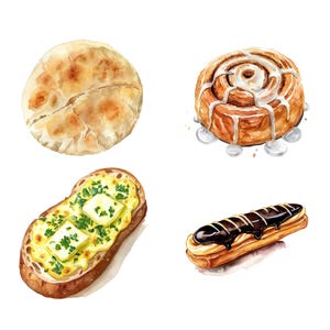 Watercolor Bread Baked Food PNG Clipart Bundle, French Baguette Pretzel ...