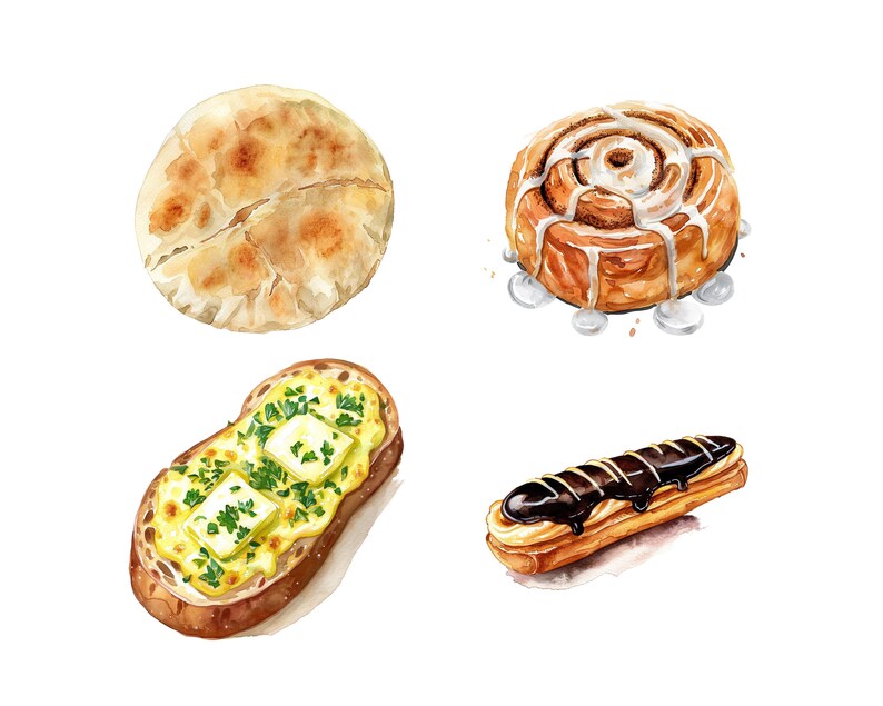 Watercolor Bread Baked Food PNG Clipart Bundle, French Baguette Pretzel ...