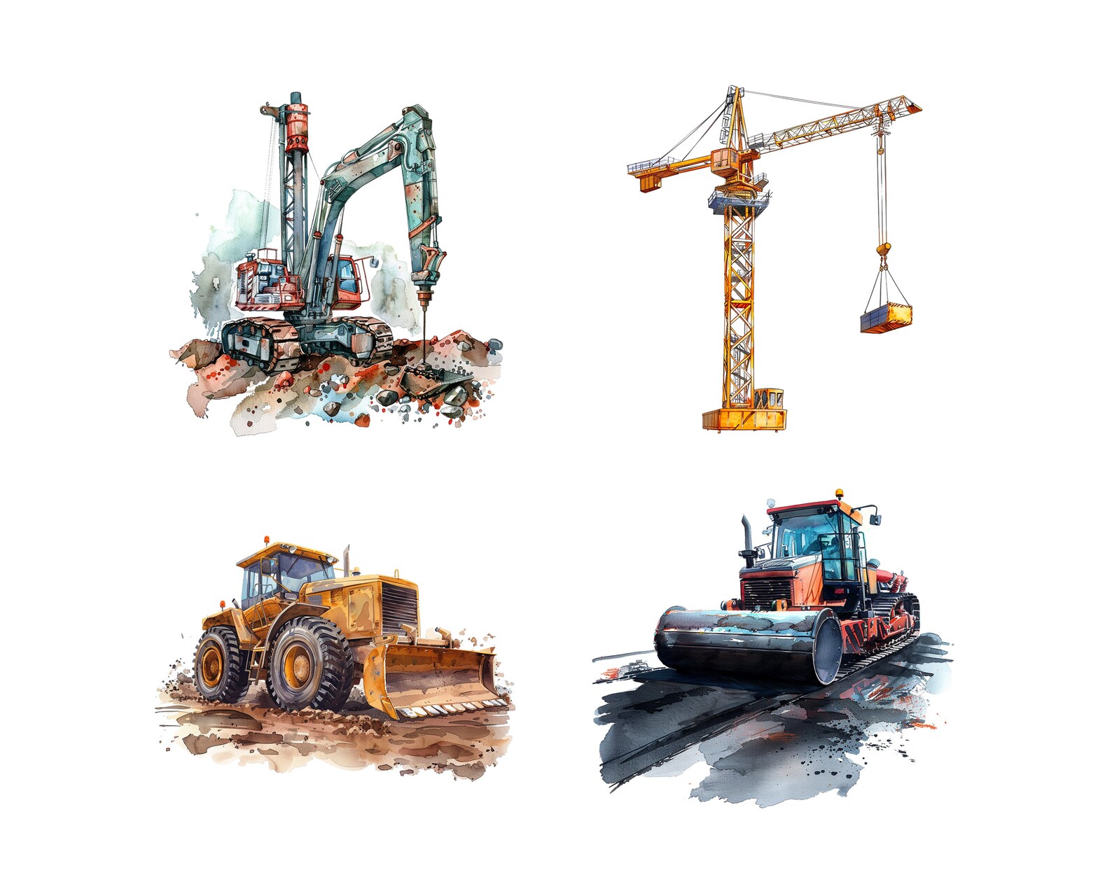 Watercolor Construction Vehicles Clipart: PNG Bundle (commercial Use ...
