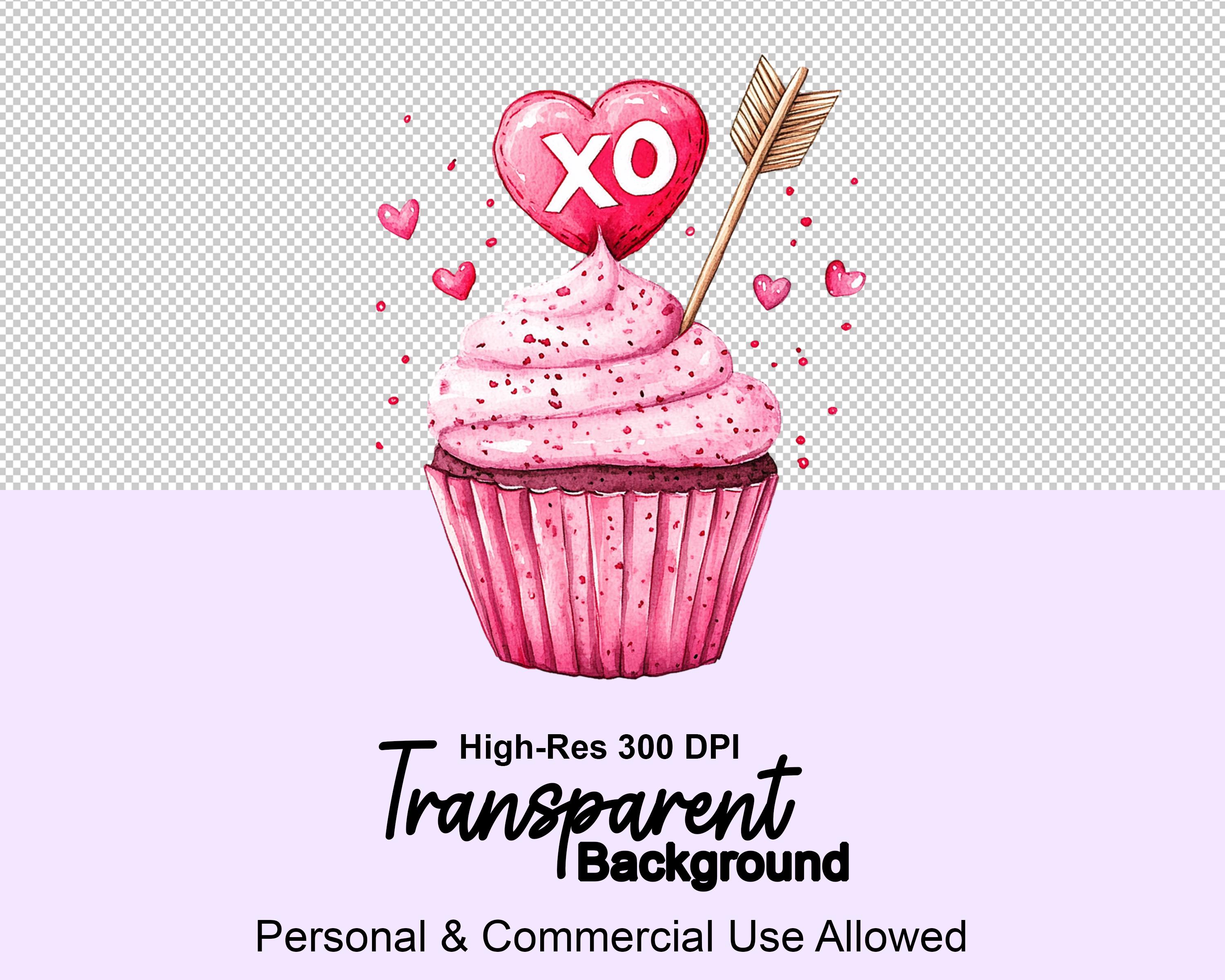 Valentine Cupcake PNG Clipart Bundle, Watercolor Cupcakes, Hearts ...