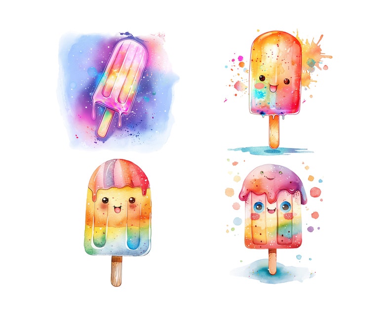 Watercolor Popsicles PNG Clipart Bundle, Summer Treats, Rainbow Juicy ...