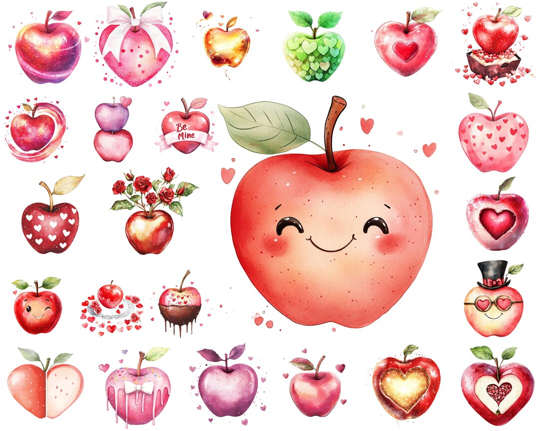 Watercolor Valentine Apple Clipart: Romantic Hearts PNG Bundle ...