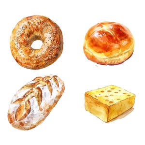 Watercolor Bread Baked Food PNG Clipart Bundle, French Baguette Pretzel ...