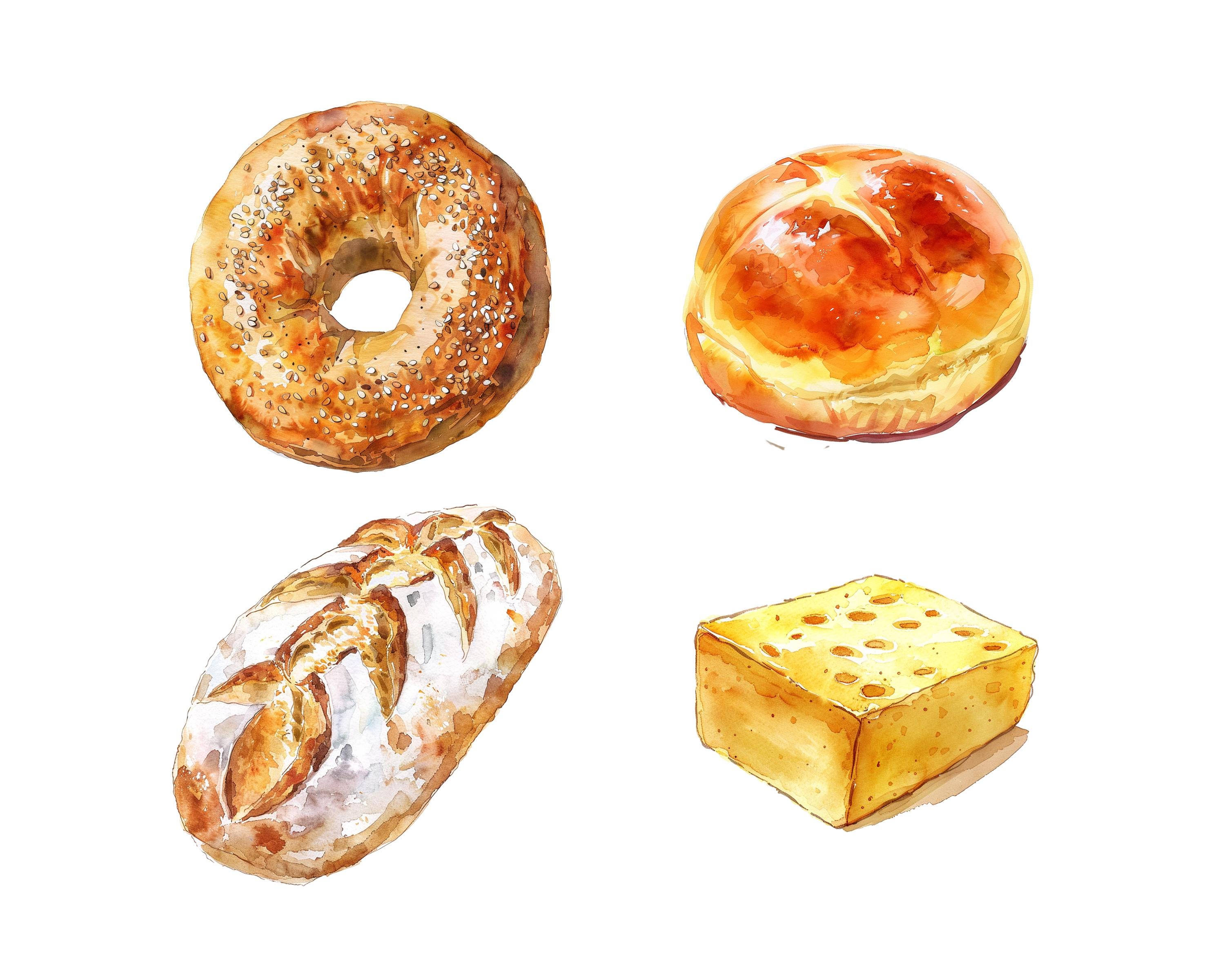 Watercolor Bread Baked Food PNG Clipart Bundle, French Baguette Pretzel ...