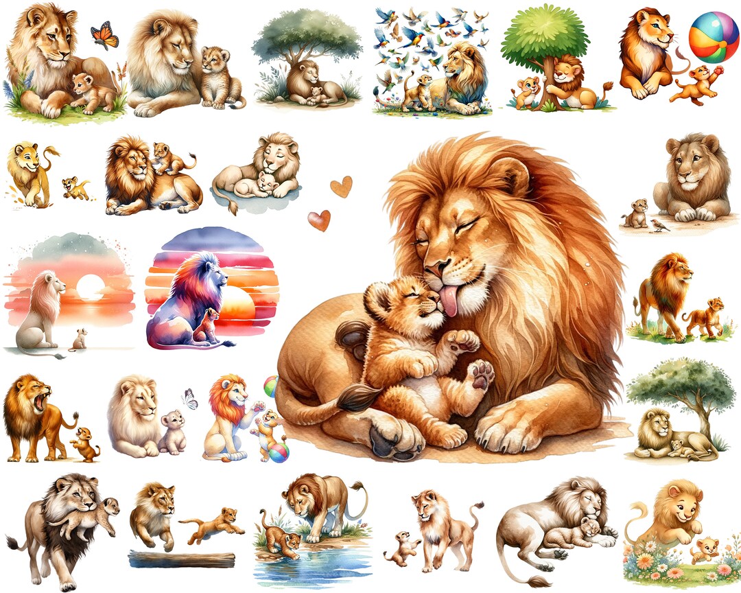 Watercolor Mama and Baby Lion PNG Clipart Bundle, Nursery Decor ...