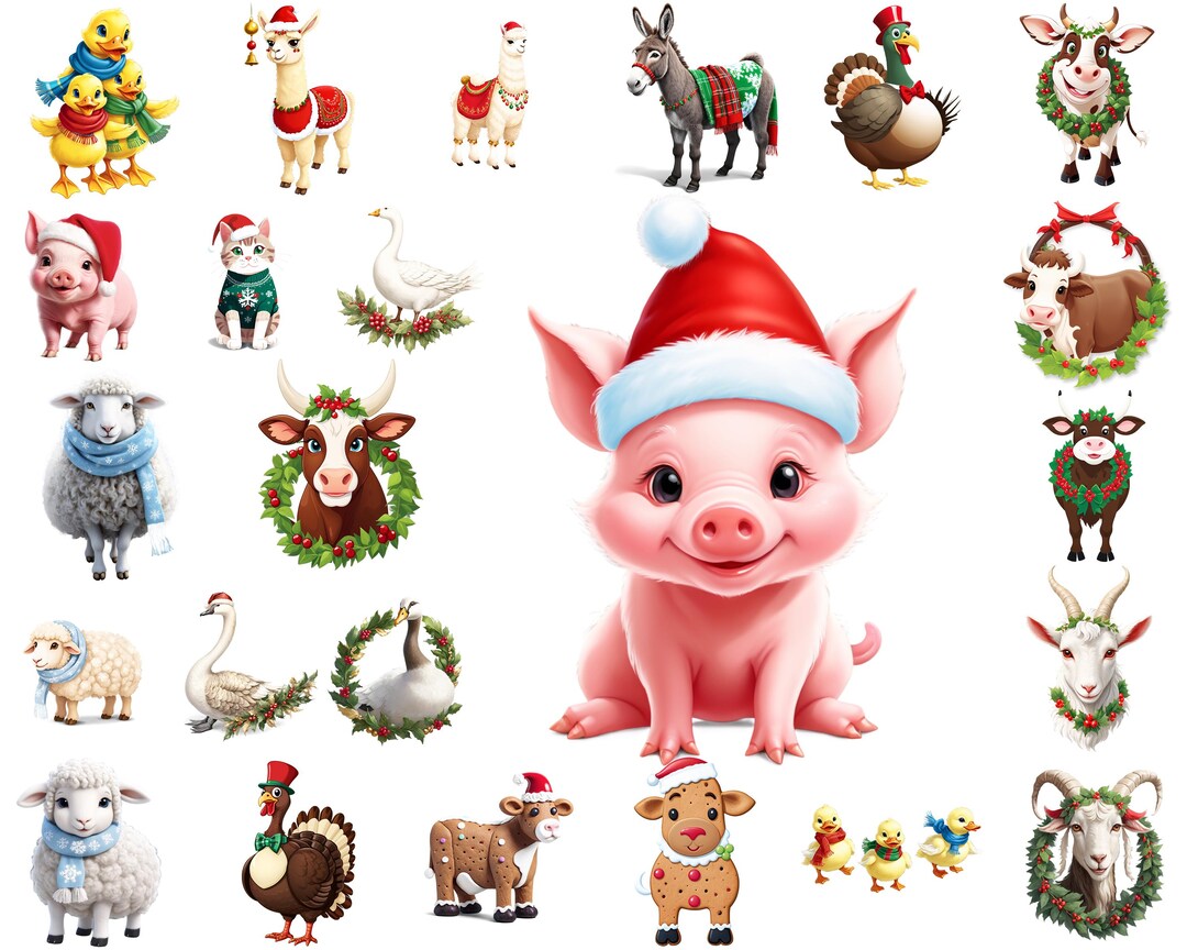 Christmas Farm Animals PNG Clipart Bundle, Cute Santa Holiday Nursery ...