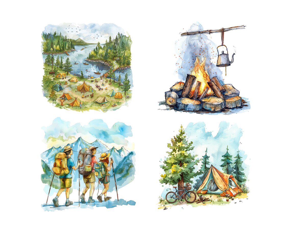 Watercolor Camping PNG Clipart Bundle, Mountain Landscape Campsite Tent ...