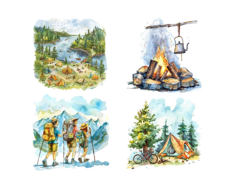Watercolor Camping PNG Clipart Bundle, Mountain Landscape Campsite Tent ...