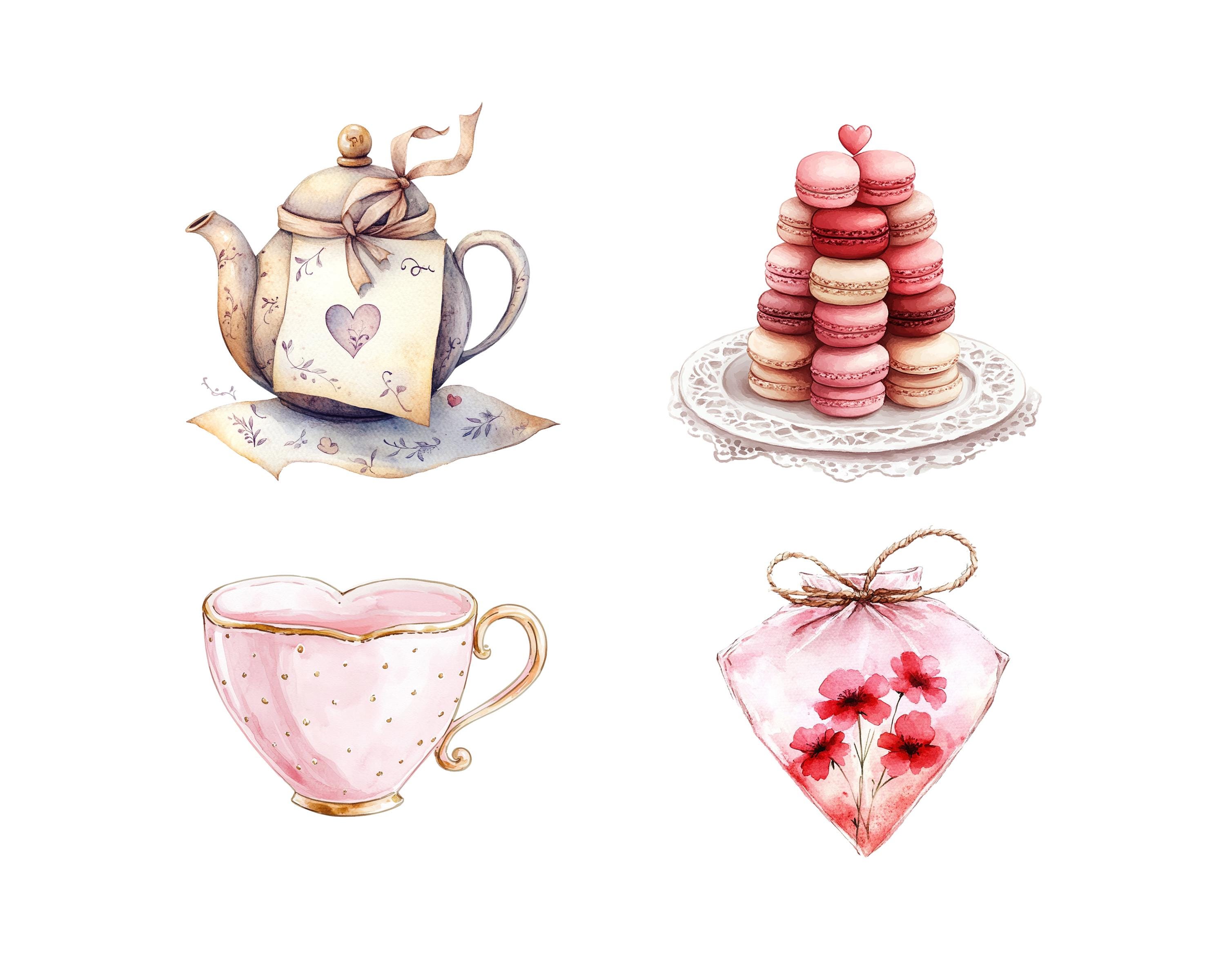 Valentine Tea PNG Clipart Bundle, Watercolor Heart Teacups, Tea ...