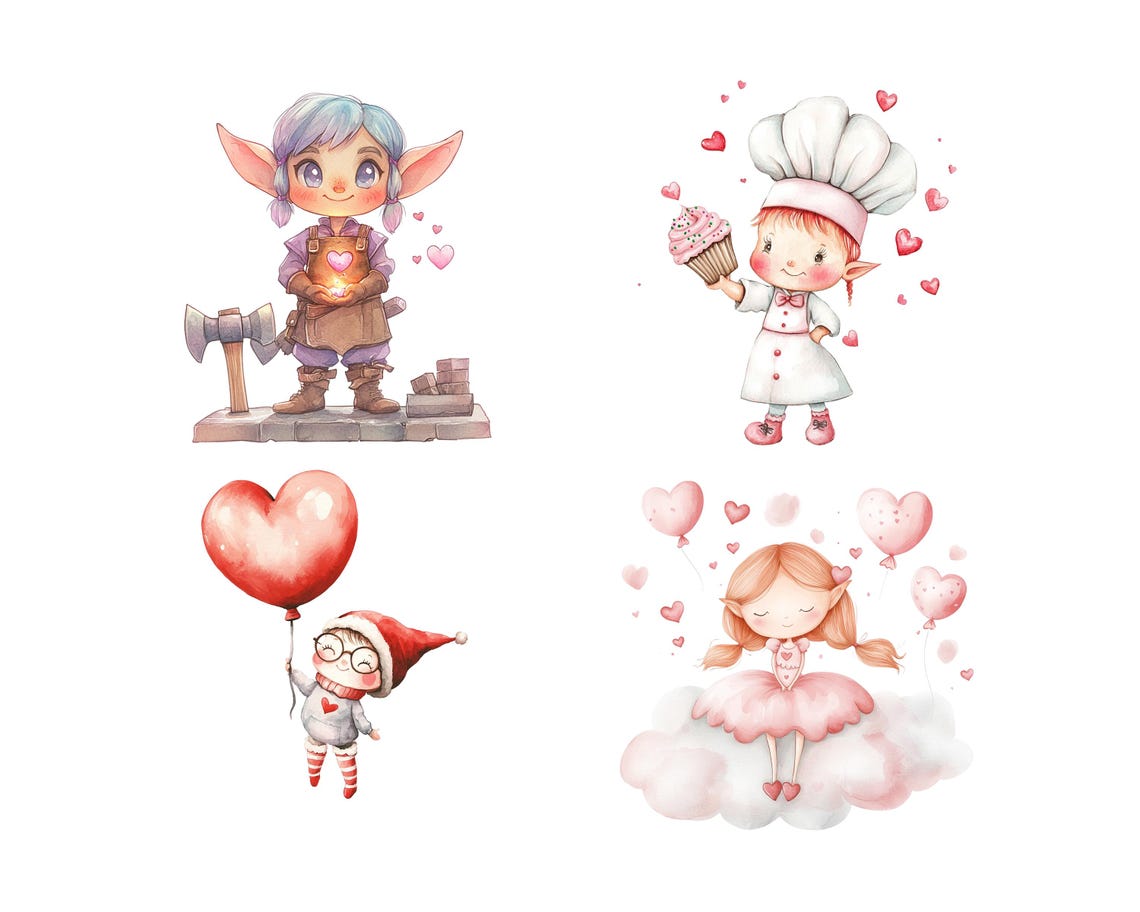 Watercolor Valentine Elf Clipart Bundle: Love Hearts (PNG, Commercial ...