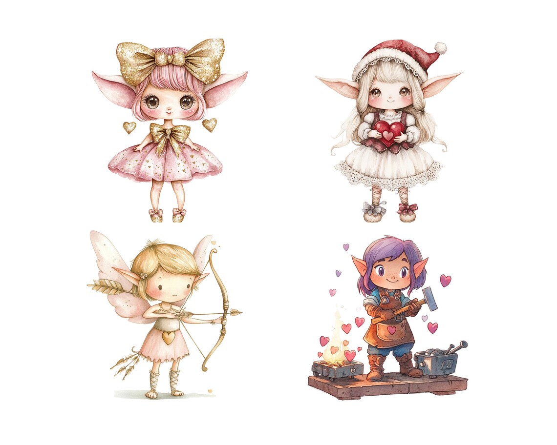 Watercolor Valentine Elf Clipart Bundle: Love Hearts (PNG, Commercial ...