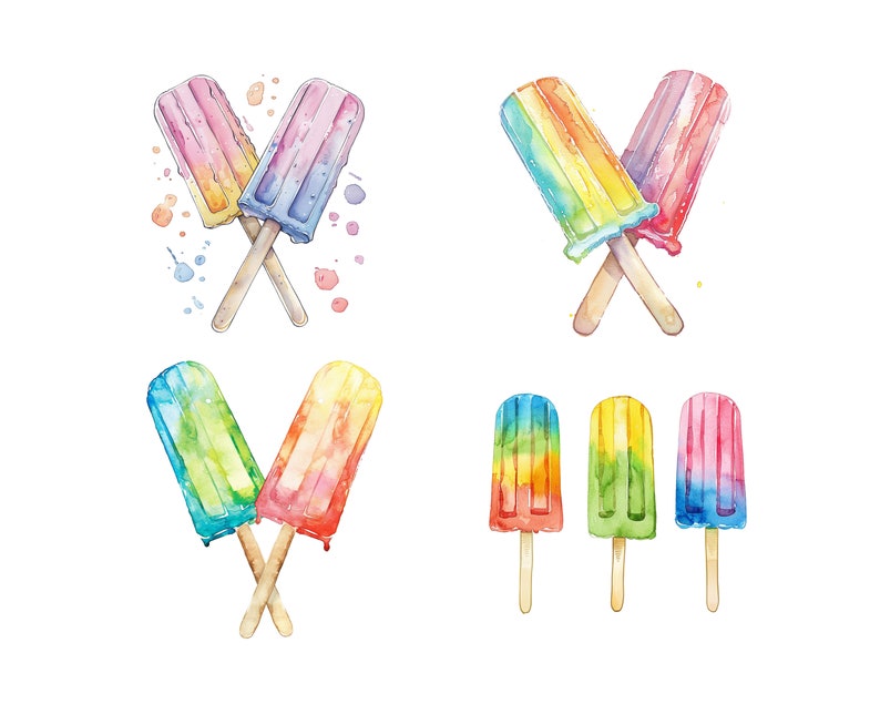 Watercolor Popsicles PNG Clipart Bundle, Summer Treats, Rainbow Juicy ...