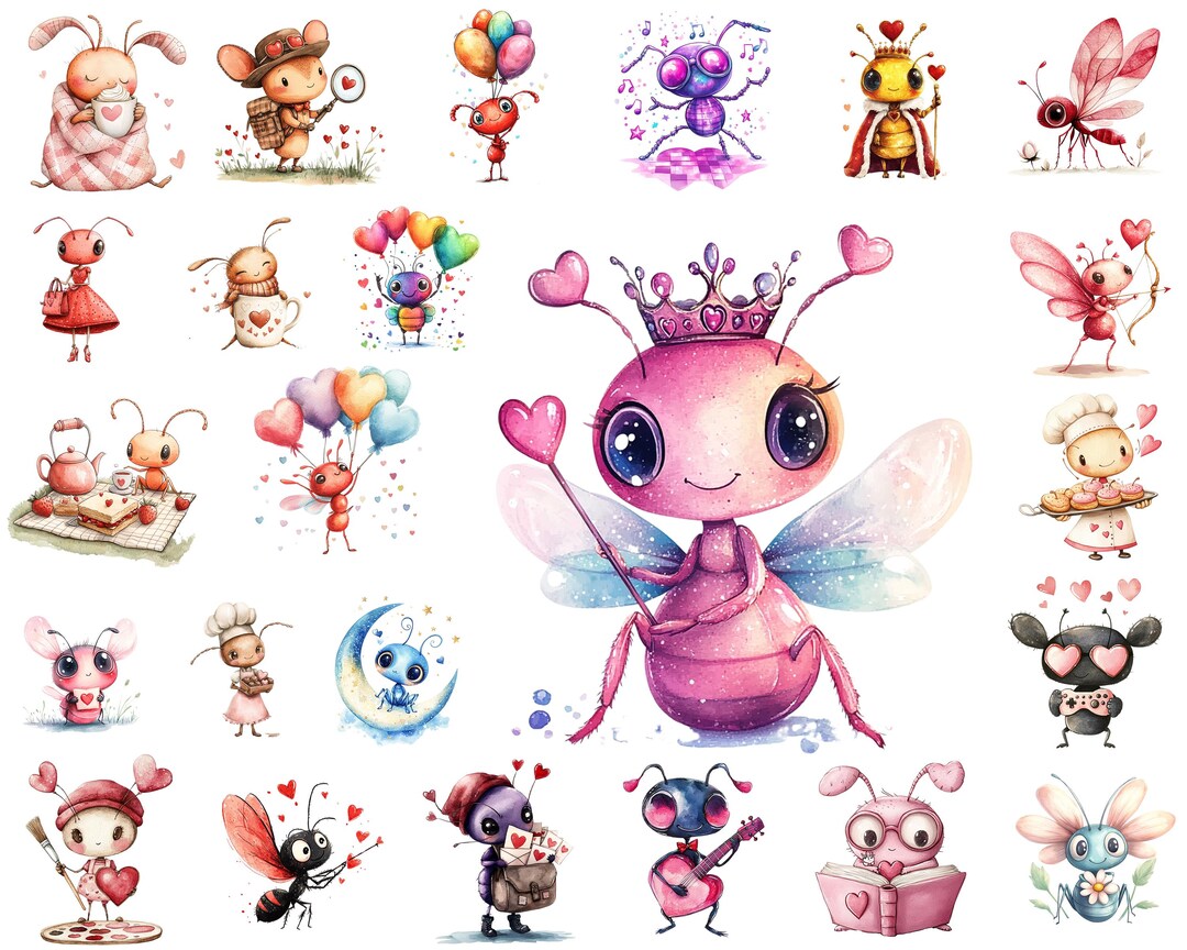 Valentine Ant PNG Clipart Bundle, Watercolor Romantic Cupid Flower ...