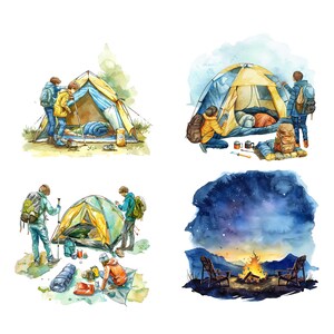Watercolor Camping PNG Clipart Bundle, Mountain Landscape Campsite Tent ...