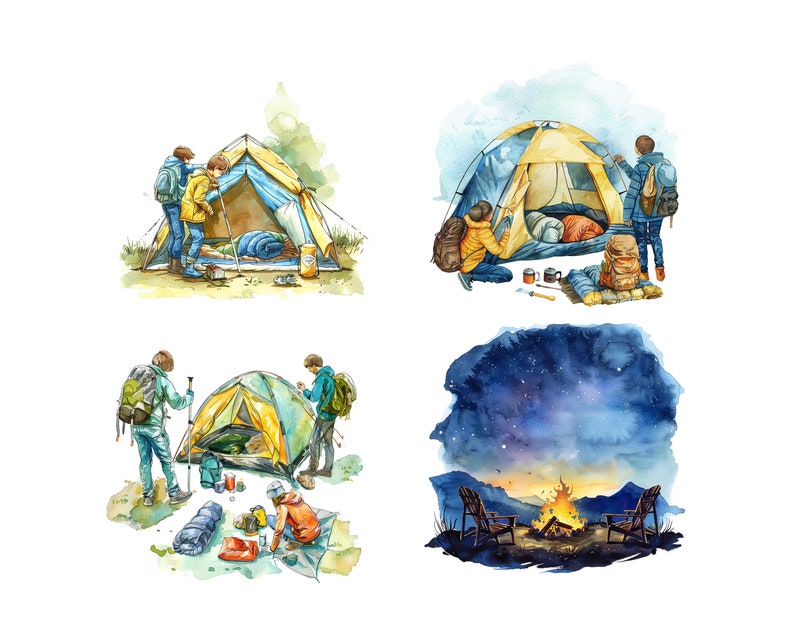 Watercolor Camping PNG Clipart Bundle, Mountain Landscape Campsite Tent ...