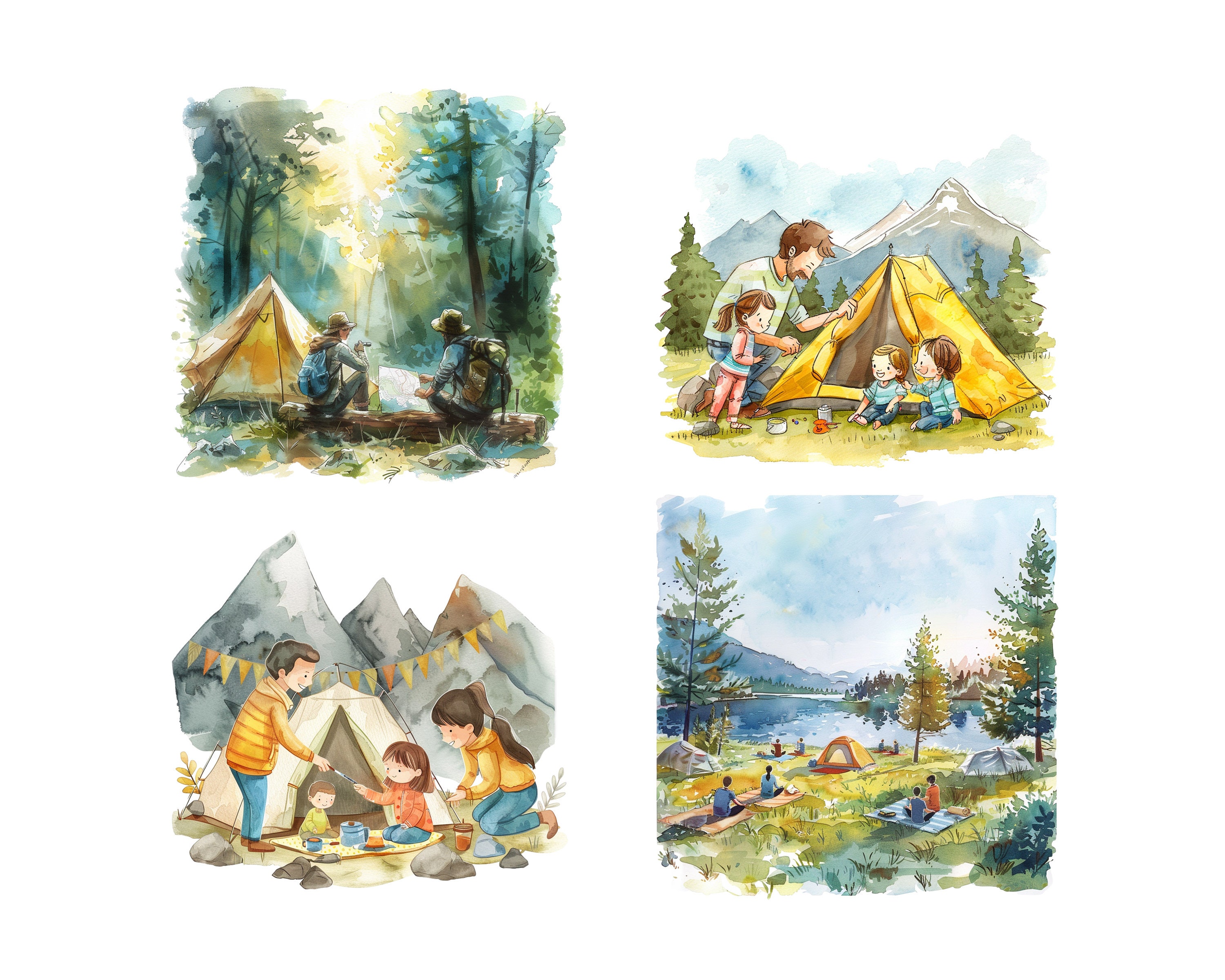 Watercolor Camping PNG Clipart Bundle, Mountain Landscape Campsite Tent ...