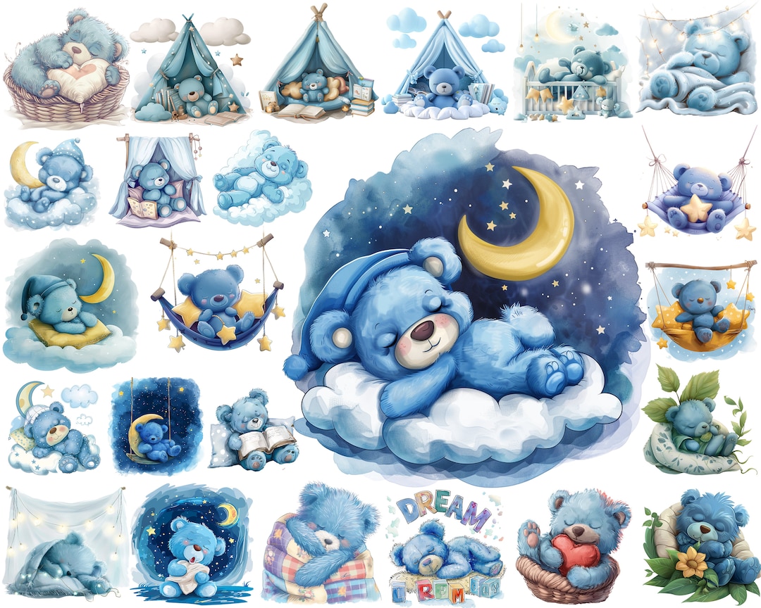 Watercolor Blue Sleepy Teddy Bear PNG Clipart Bundle, Boy Baby Shower ...