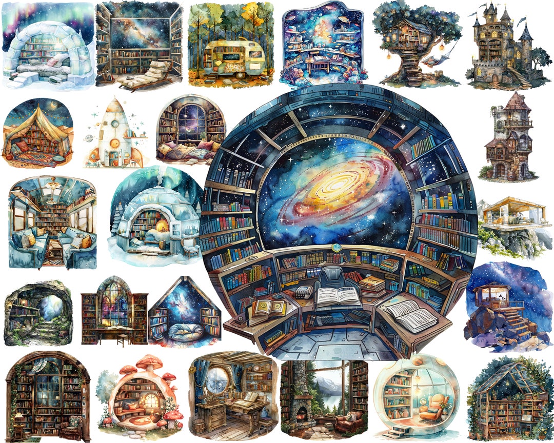 Watercolor Fantasy Reading Nooks PNG Clipart Bundle, Book Lover ...