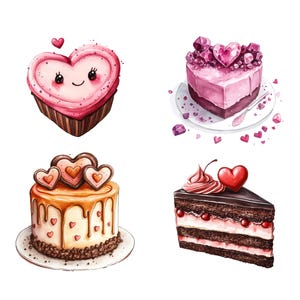 Valentine Cake PNG Clipart Bundle, Watercolor Heart Romantic Cupcake ...
