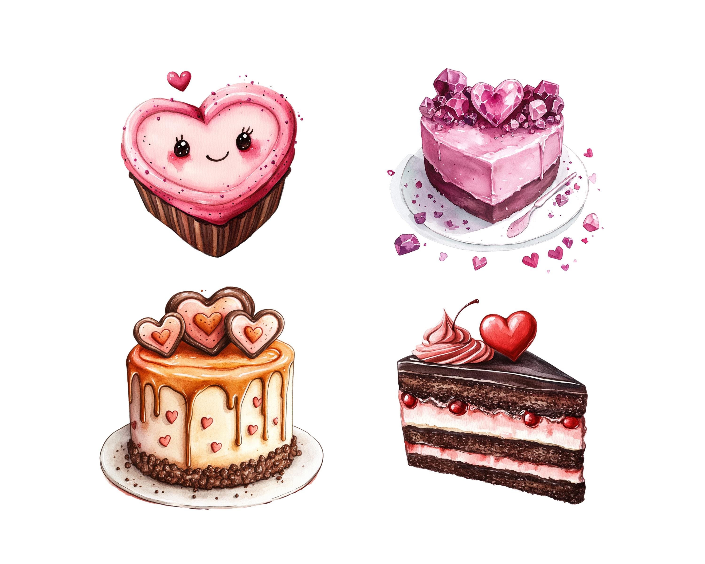 Valentine Cake PNG Clipart Bundle, Watercolor Heart Romantic Cupcake ...