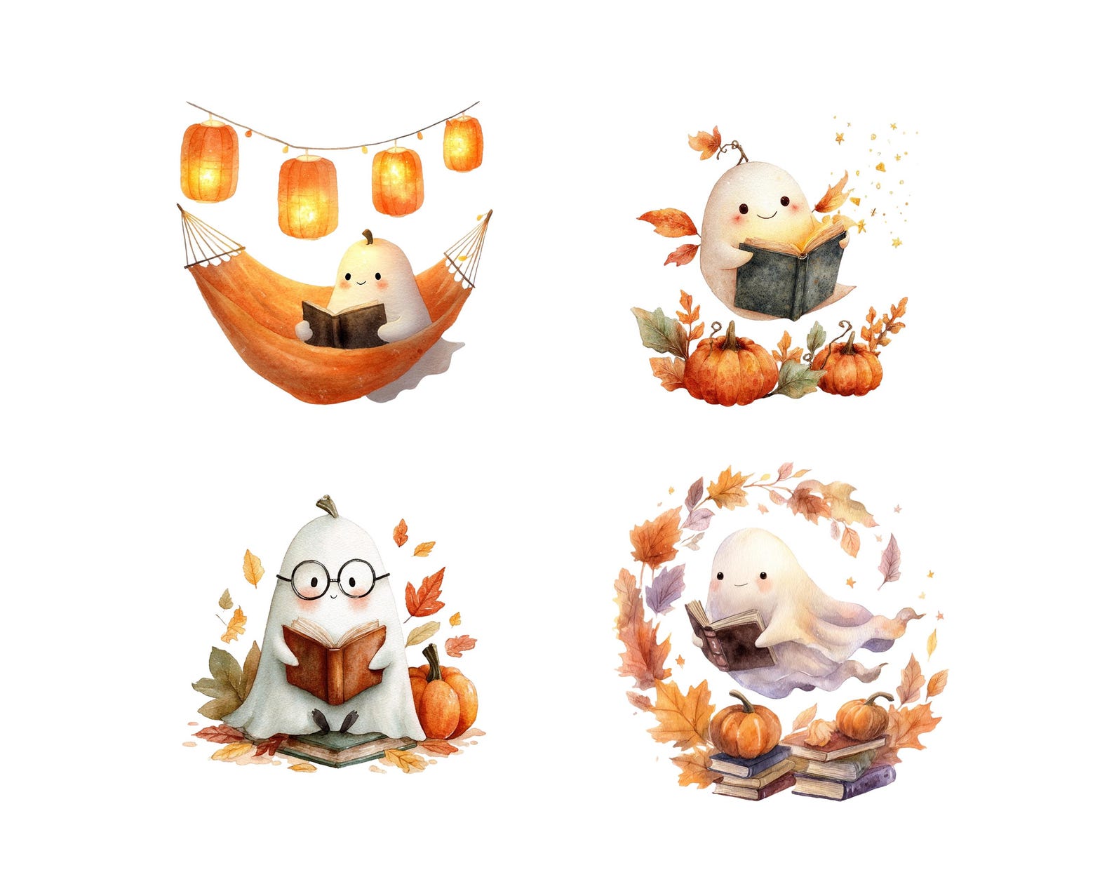 Watercolor Bookish Ghost Clipart Bundle: Pumpkin Halloween PNG ...