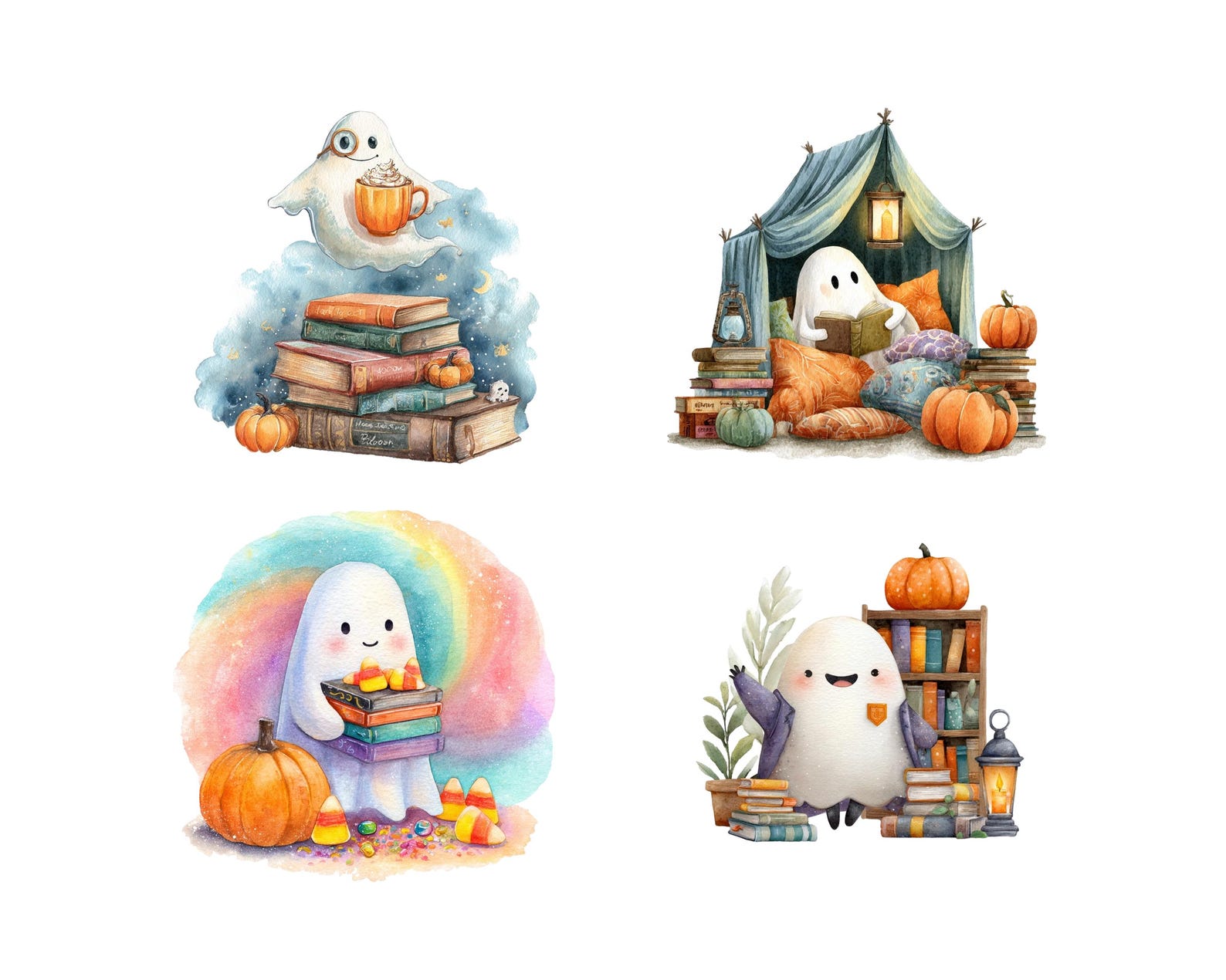 Watercolor Bookish Ghost Clipart Bundle: Pumpkin Halloween PNG ...