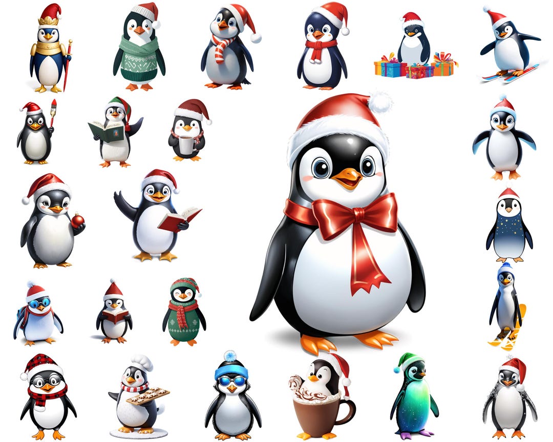 Christmas Penguin PNG Clipart Bundle, Cute Santa Hat Penguin Holiday ...